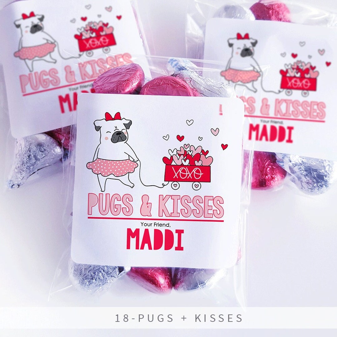 Pugs and Kisses Valentine Stickers Tags or Labels, Valentines Exchange ...