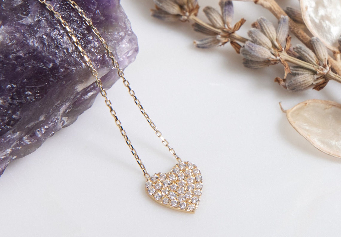 Heart Necklace, 14K Yellow Gold Heart Necklace, Diamond CZ Heart ...