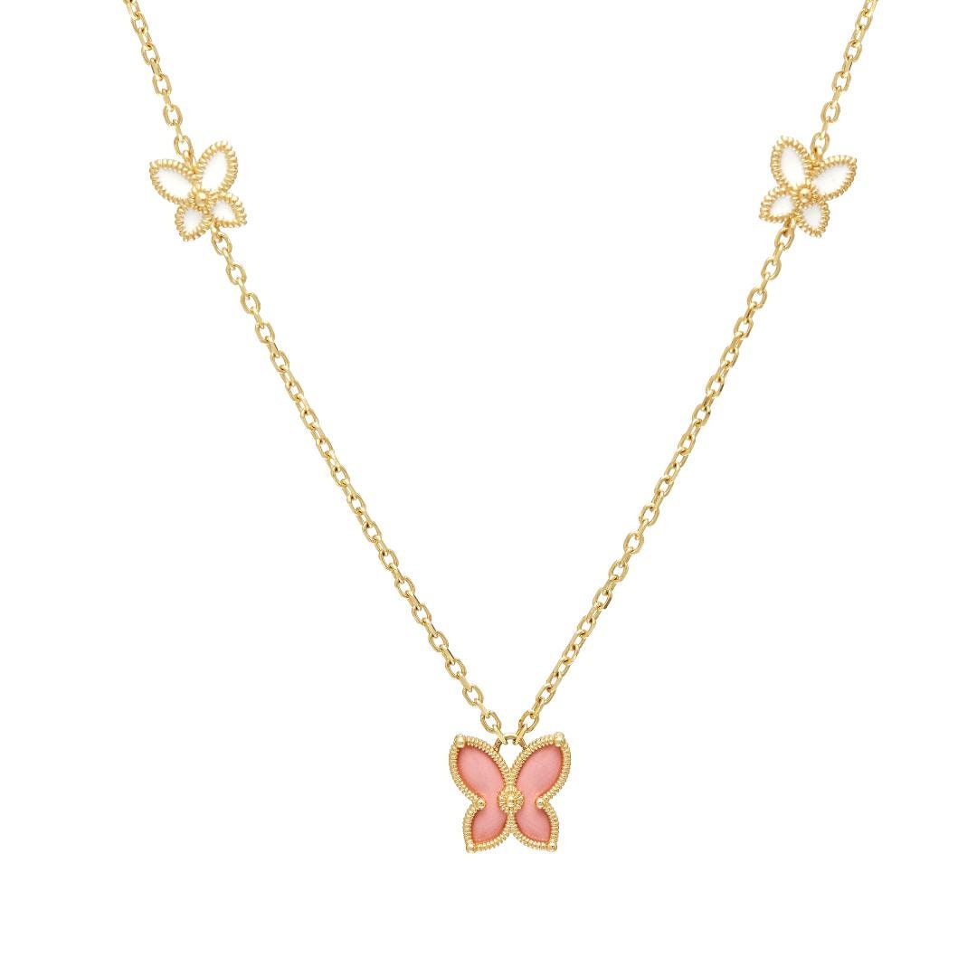 14K Yellow Gold Butterfly Necklace, Pink Enamel Butterfly Necklace ...
