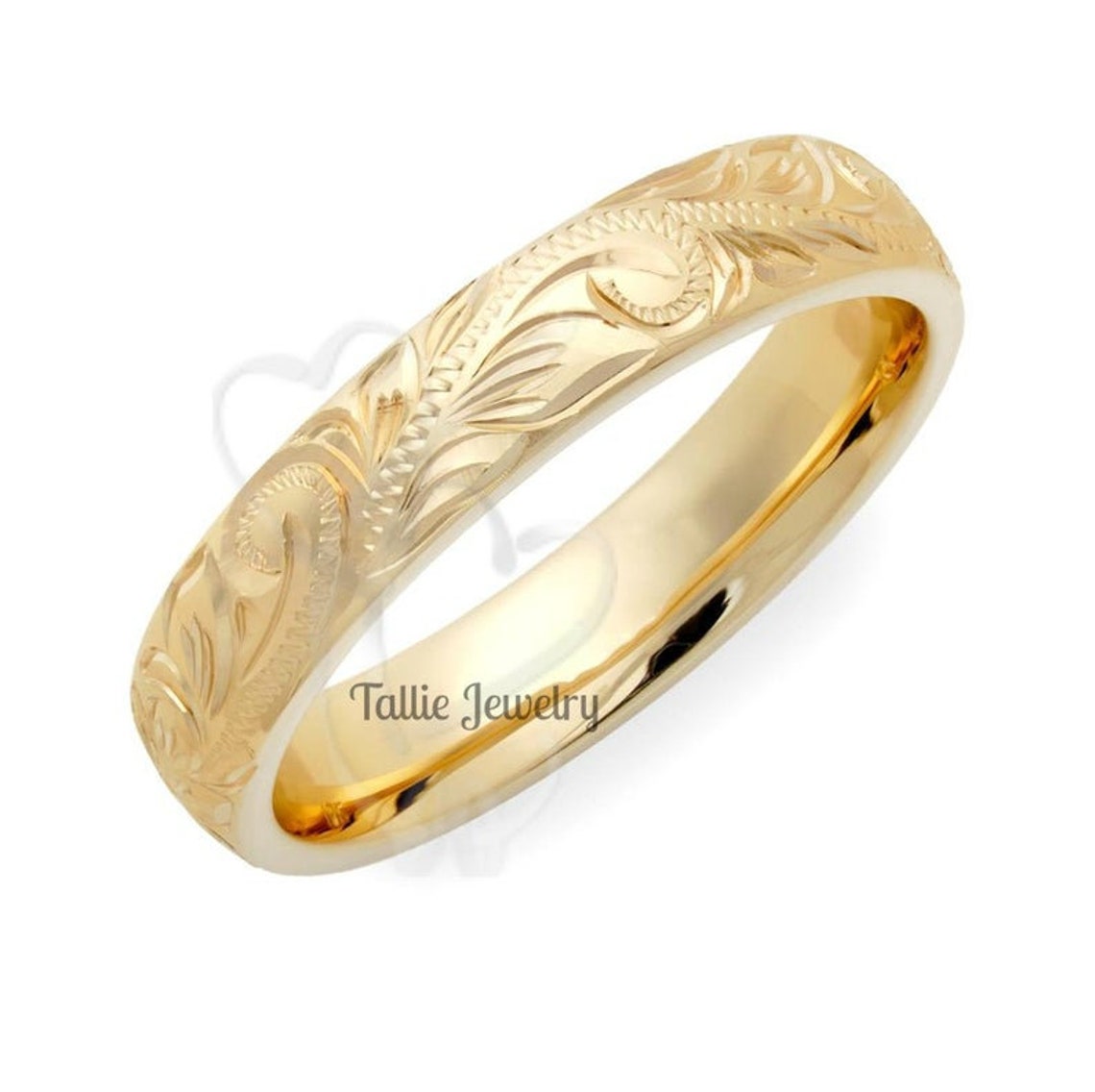 14K Solid Yellow Gold Hand Engraved Wedding Band Mens Womens - Etsy