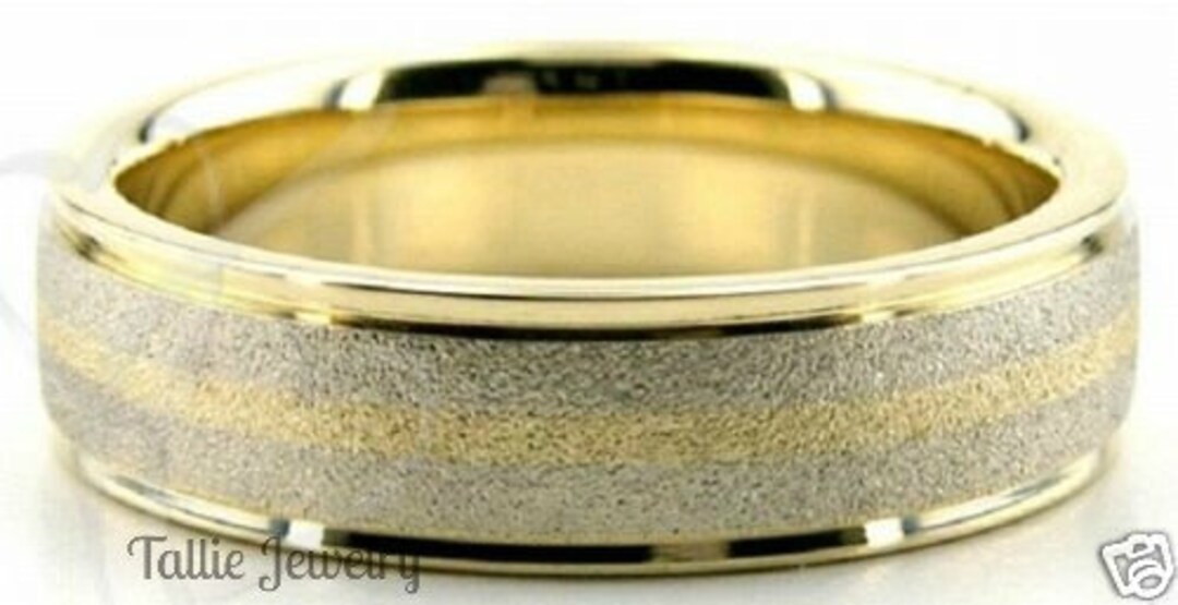 Two Tone Gold Mens Wedding Bands, Stone Finish Mens Wedding Rings, 6mm ...