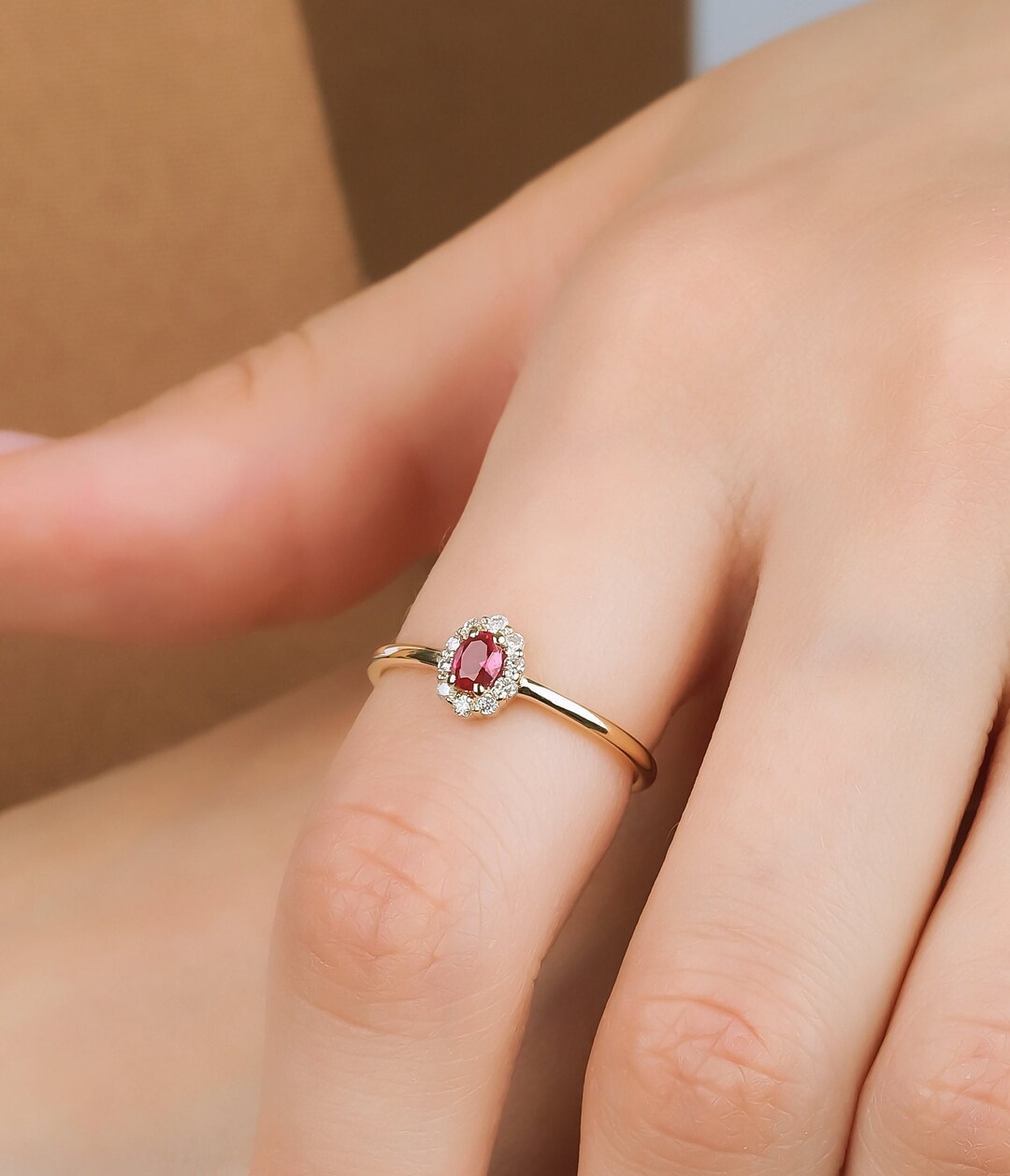 14K Yellow Gold Ruby and Diamond Ring, Minimalist Oval Ruby Ring ...