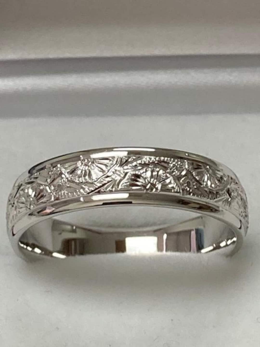 6mm 10K 14K 18K Solid White Gold Hand Wedding Bands, Hand Engraved Mens ...