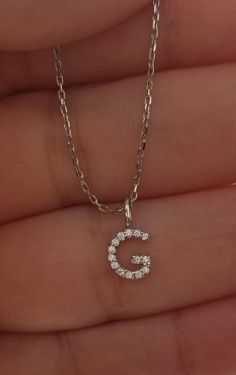 Diamond Initial Necklace Diamond Letter Necklace 14K Gold White