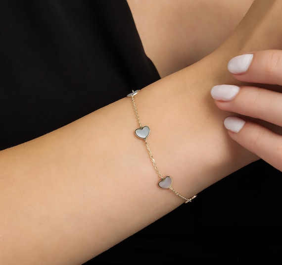 14K Solid Yellow Gold Heart Bracelet Heart Station Bracelet Mother of Pearl Heart Bracelet Heart Charm Valentine days Gifts