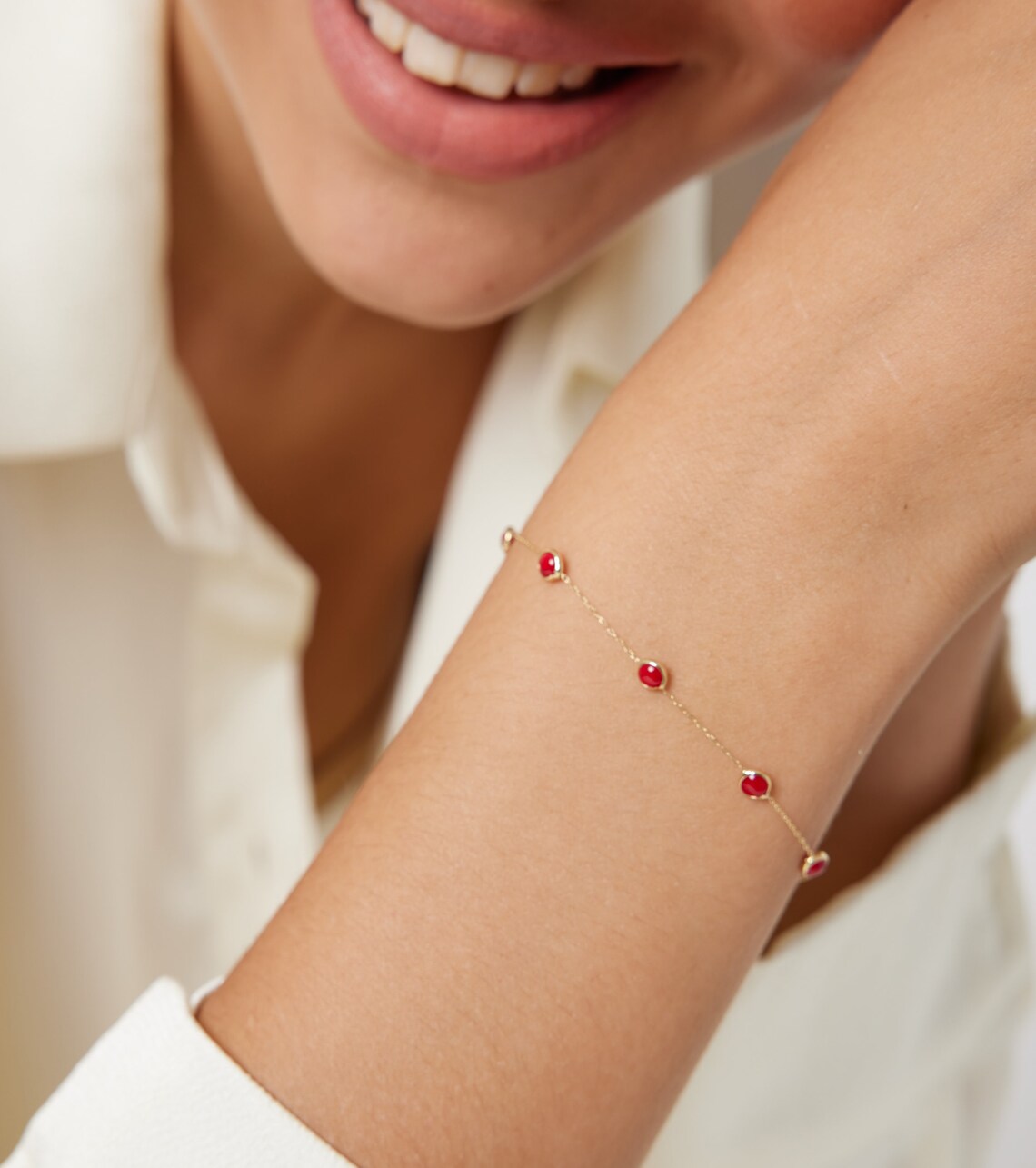 Ruby Bracelet, 14K Solid Yellow Gold Ruby Station Bracelet, Beaded Ruby ...