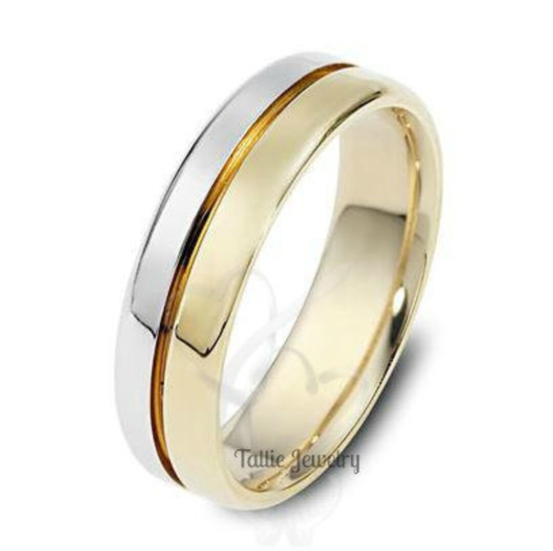 Two Tone Gold Wedding Bands,shiny Finish Dome Mens and Womens Wedding ...