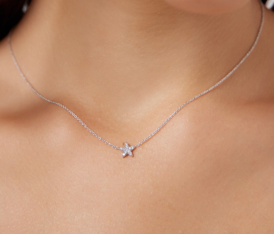 Diamond Star Necklace, 14K Solid White Gold Star Necklace, Dainty Star ...
