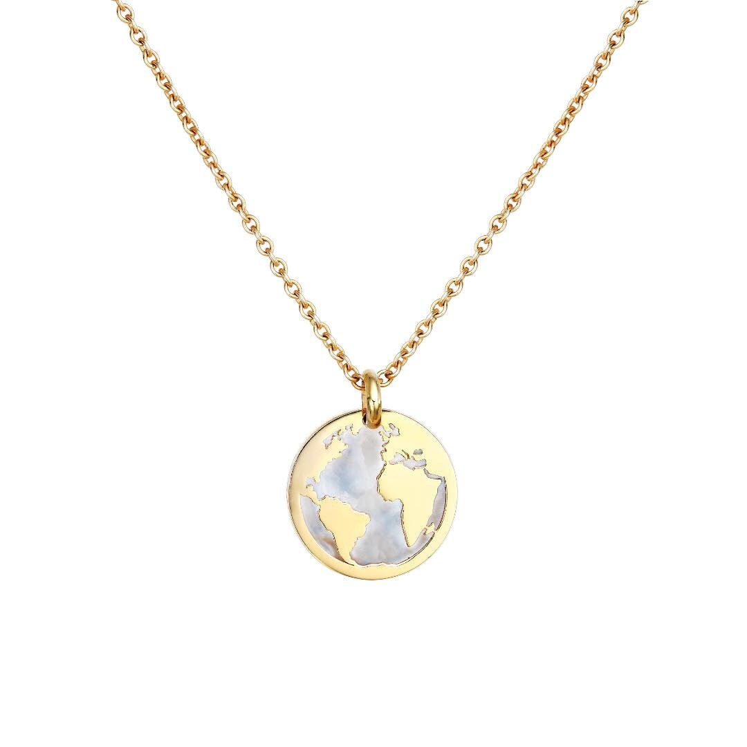 14K Solid Yellow Gold Earth Necklace, Mother of Pearl World Map ...