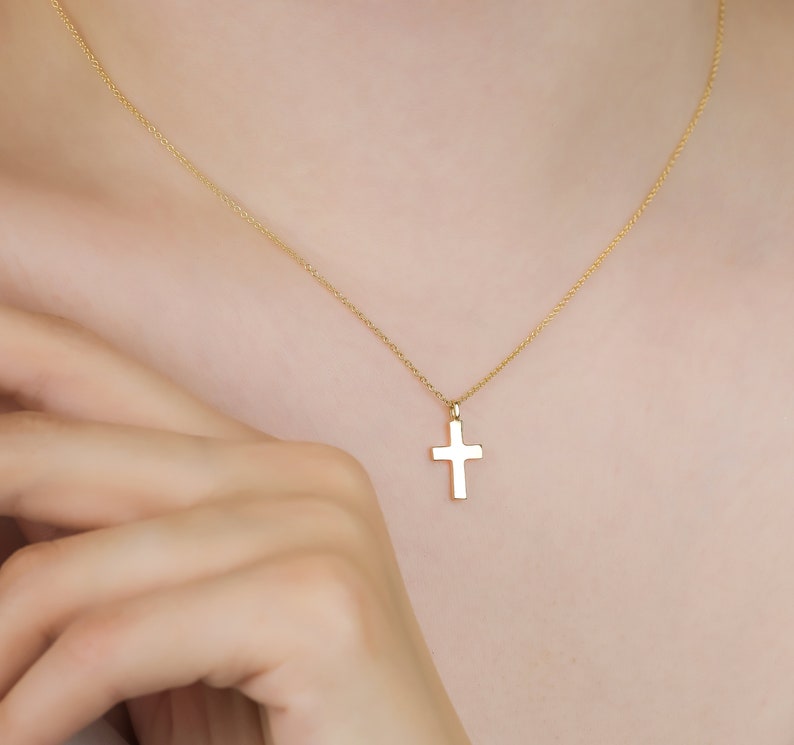 14K Solid Yellow Gold Cross Necklace, Small Cross Necklace, Cross ...