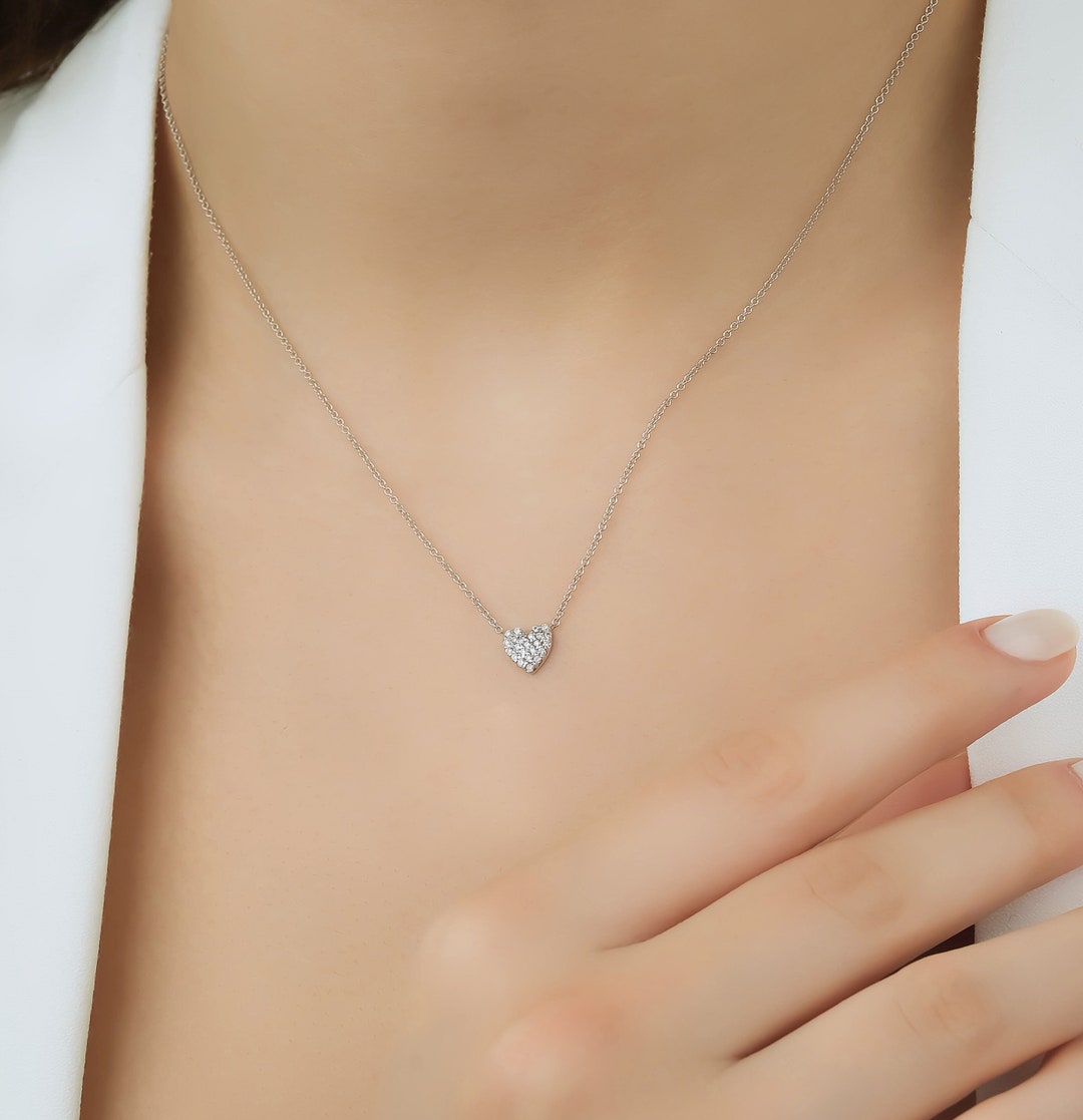 14K Solid White Gold Diamond Heart Necklace, Small Diamond Heart ...