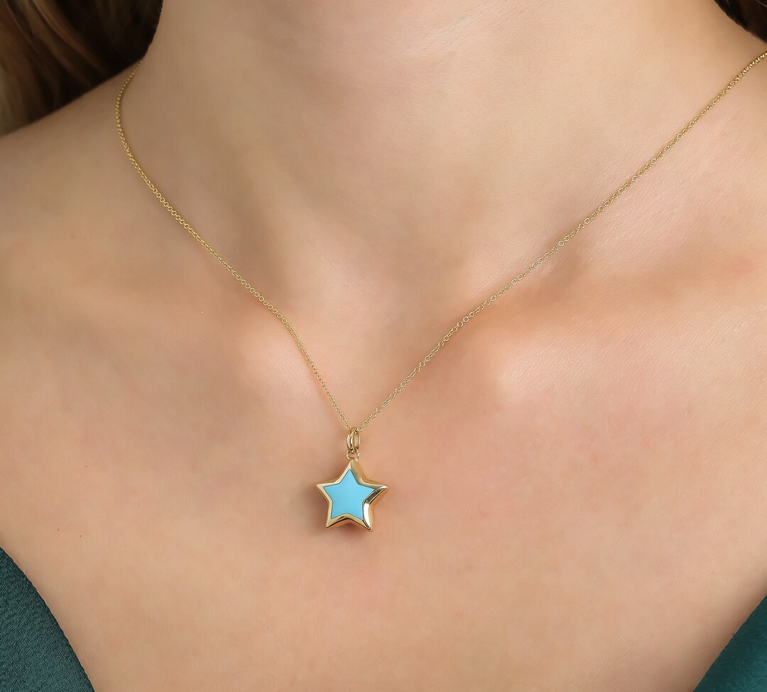 14K Yellow Gold Turquoise Puffed Star Necklace, Puffed Star Pendant ...