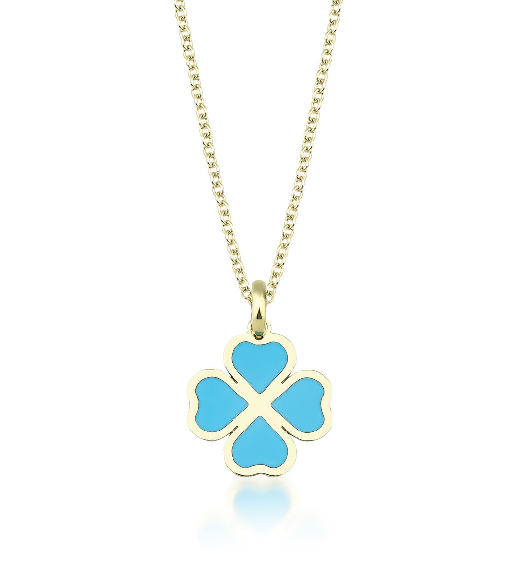 14K Yellow Gold Turquoise Four Leaf Clover Necklace, Turquoise Clover ...
