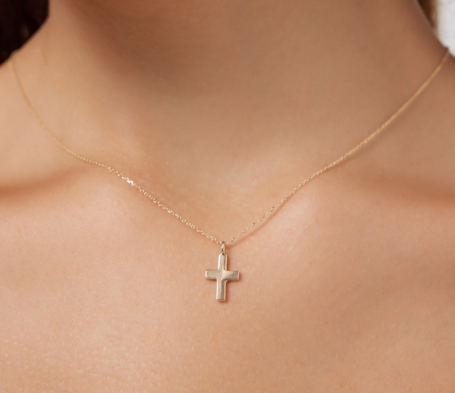 14K Solid Yellow Gold Cross Necklace, Small Cross Necklace, Cross ...