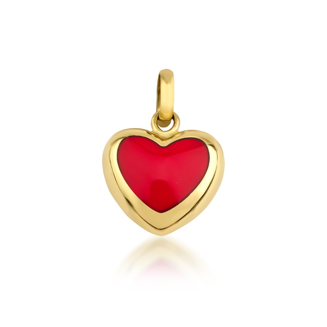 14K Yellow Gold Red Coral Puffed Heart Necklace, Red Coral Puffed Heart ...