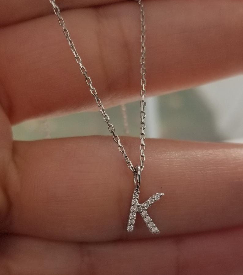 Diamond Initial Necklace / Diamond Letter Necklace / 14K Gold White ...