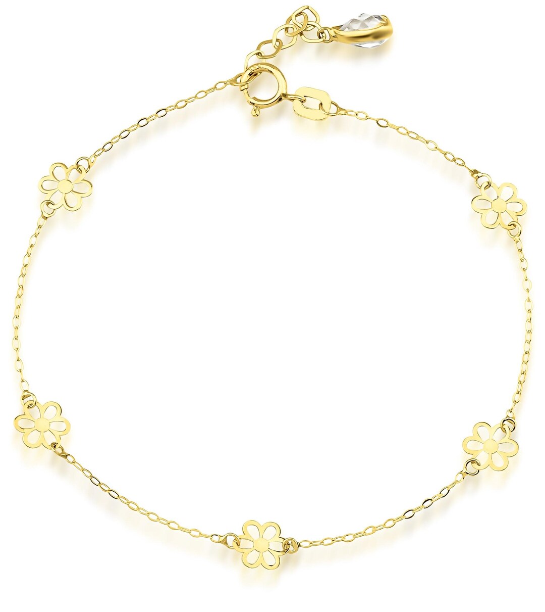 14K Solid Yellow Gold Small Daisy Flower Bracelet, Daisy Flower Station ...