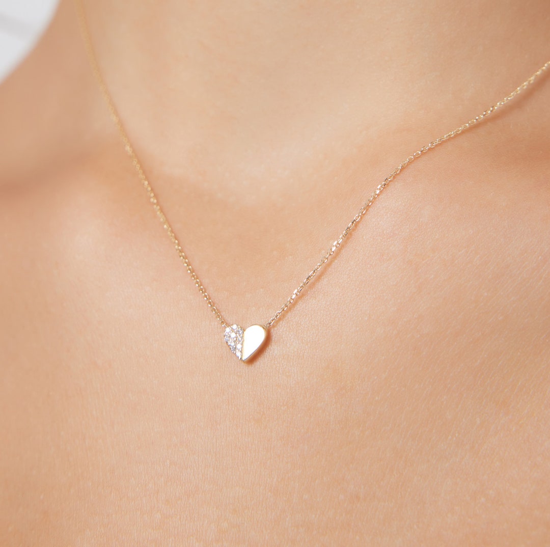 Small Heart Necklace, 14K Solid Yellow Gold Diamond Heart Necklace ...