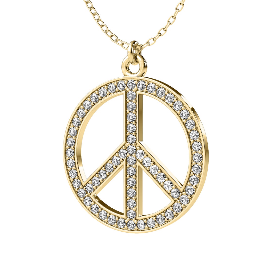 14K Solid Yellow Gold Peace Sign Necklace, 0.50 Carat Natural Diamond ...