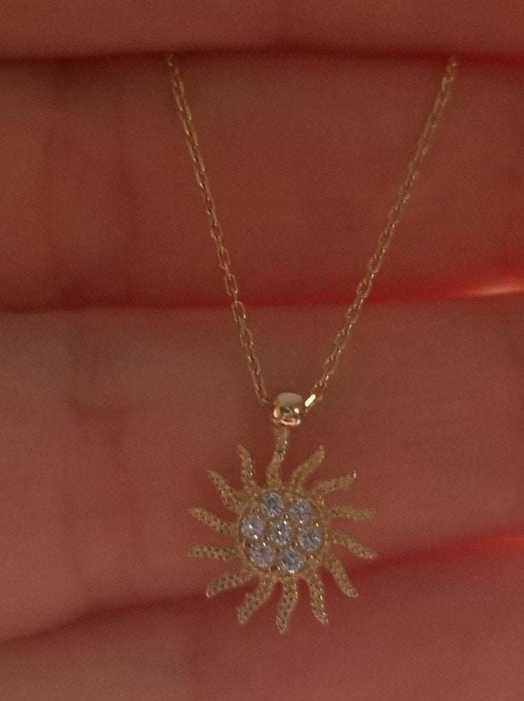 14k Gold Sun Necklace, 14K Solid Yellow Gold Sun Necklace, Diamond CZ ...