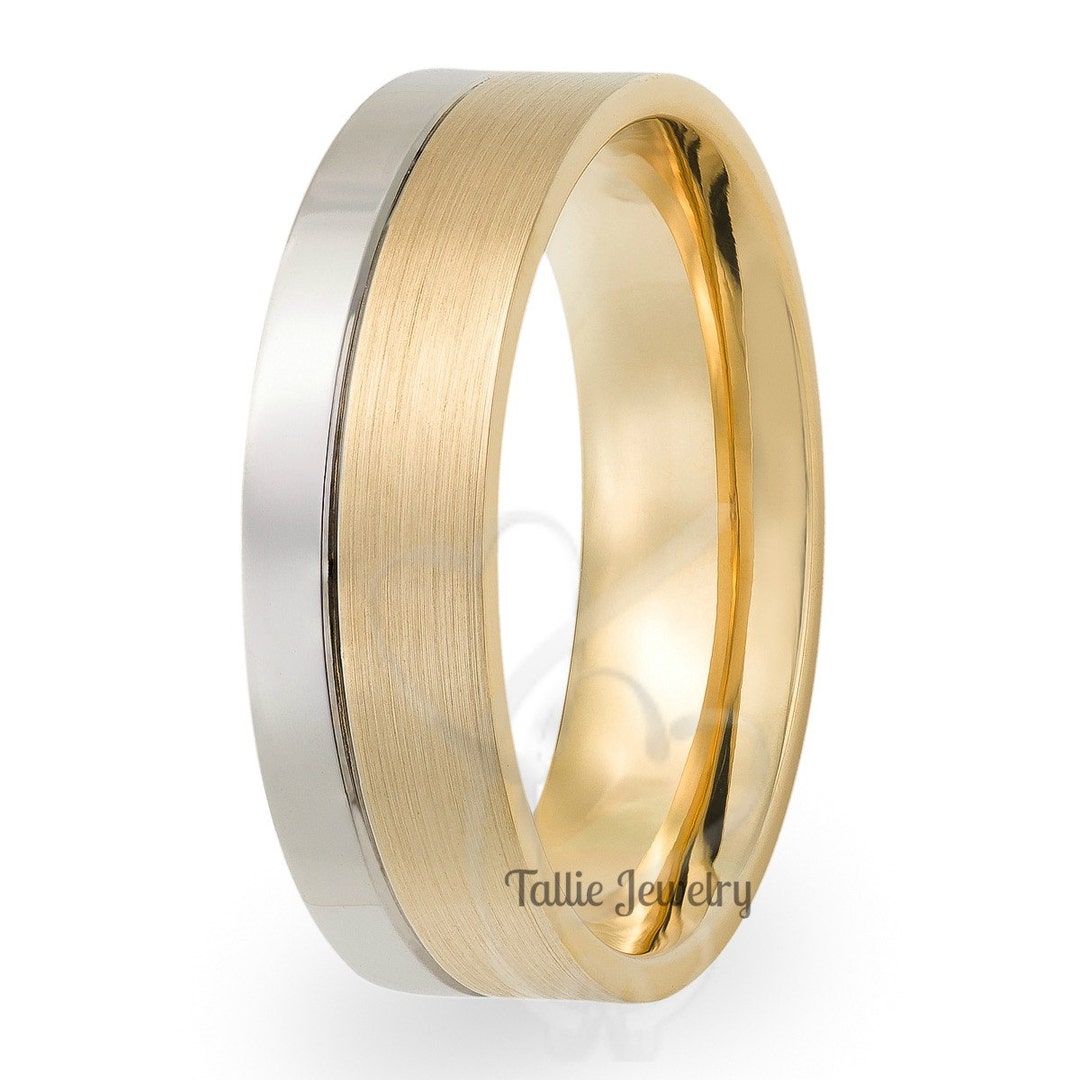 Two Tone Gold Mens Wedding Rings, 6mm 10K 14K 18K White and Yellow Gold ...
