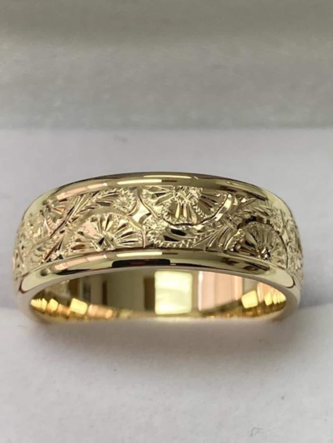 7mm 10K 14K 18K Solid Yellow Gold Hand Engraved Mens Wedding Bands, Hand Engraved Mens Wedding ...
