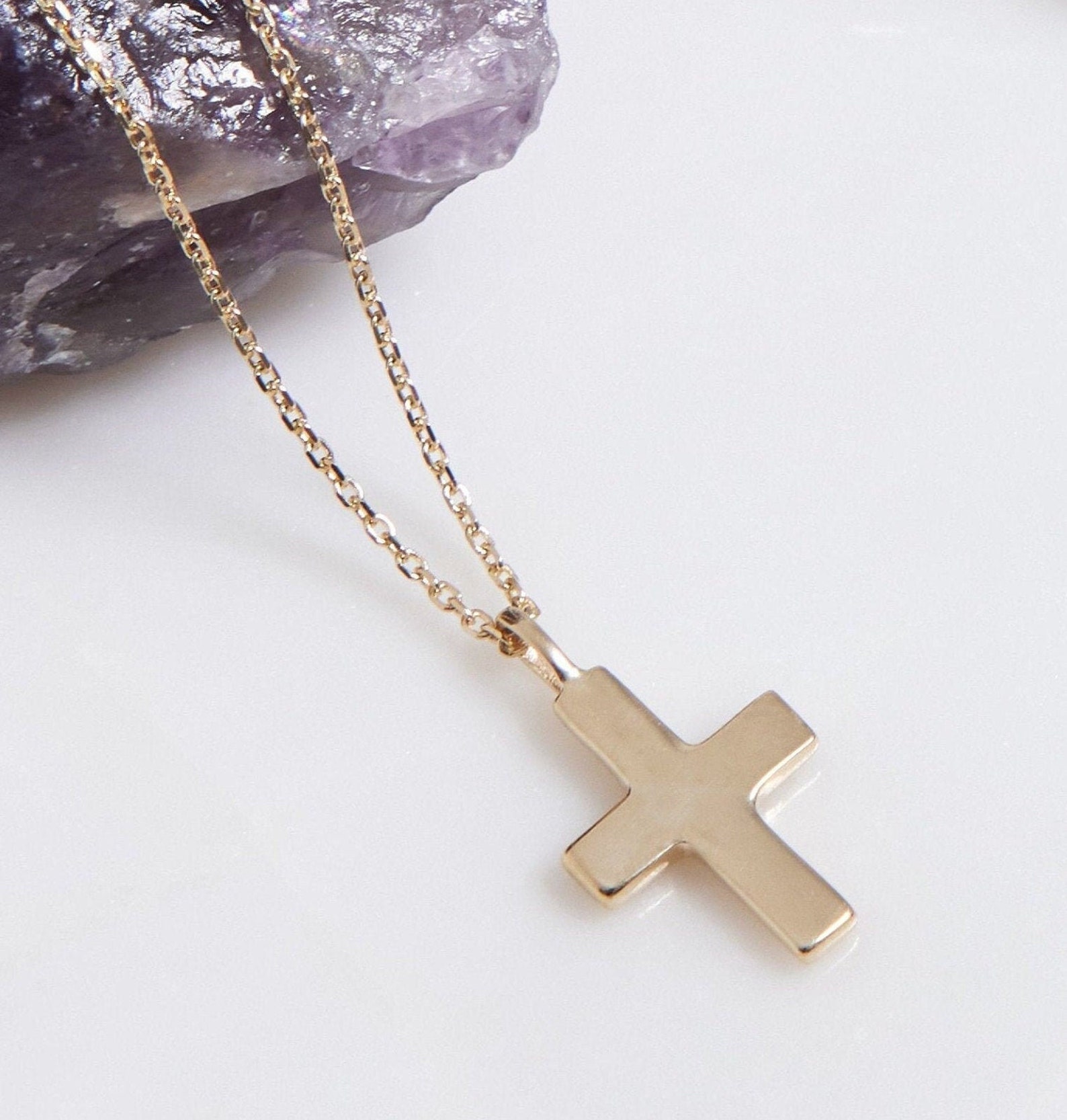 14K Solid Yellow Gold Cross Necklace Dainty Cross Necklace - Etsy
