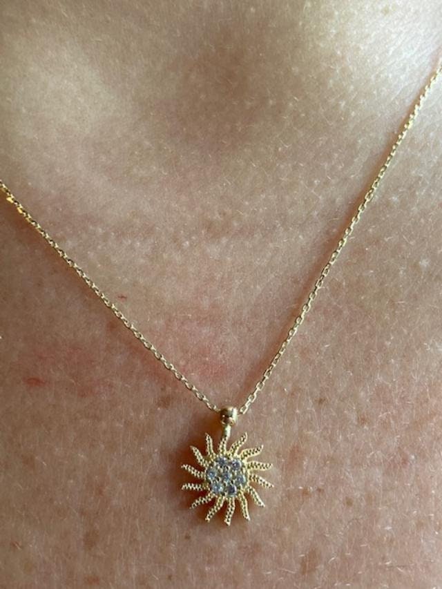 14k Gold Sun Necklace, 14K Solid Yellow Gold Sun Necklace, Diamond CZ ...