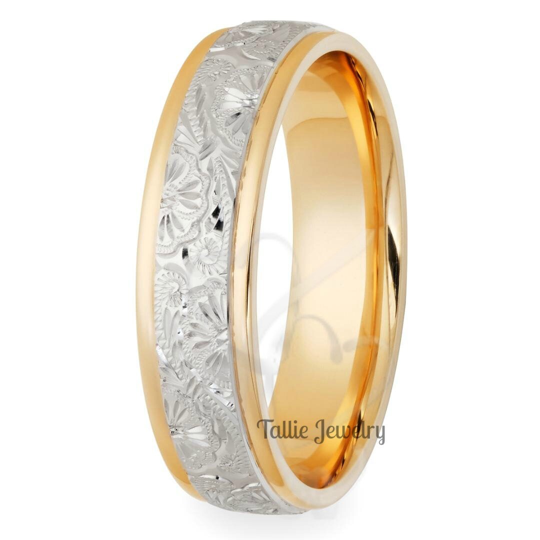 Hand Engraved Wedding Band for Mens & Women ,6mm 10K 14K 18K White and ...