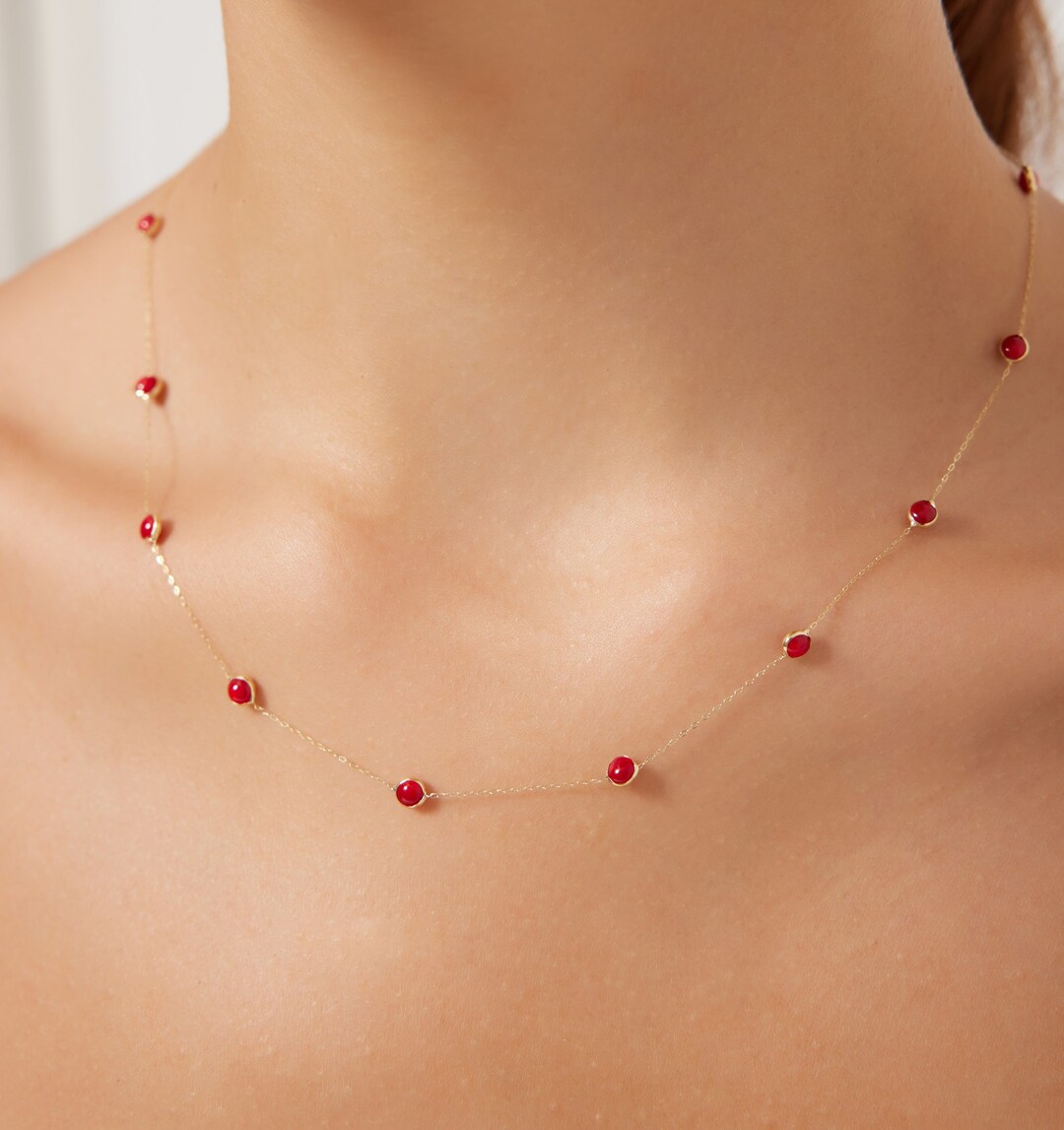 Ruby Station Necklace, 14K Solid Yellow Gold Ruby Necklace ,bezel Set Beaded Ruby Necklace in ...