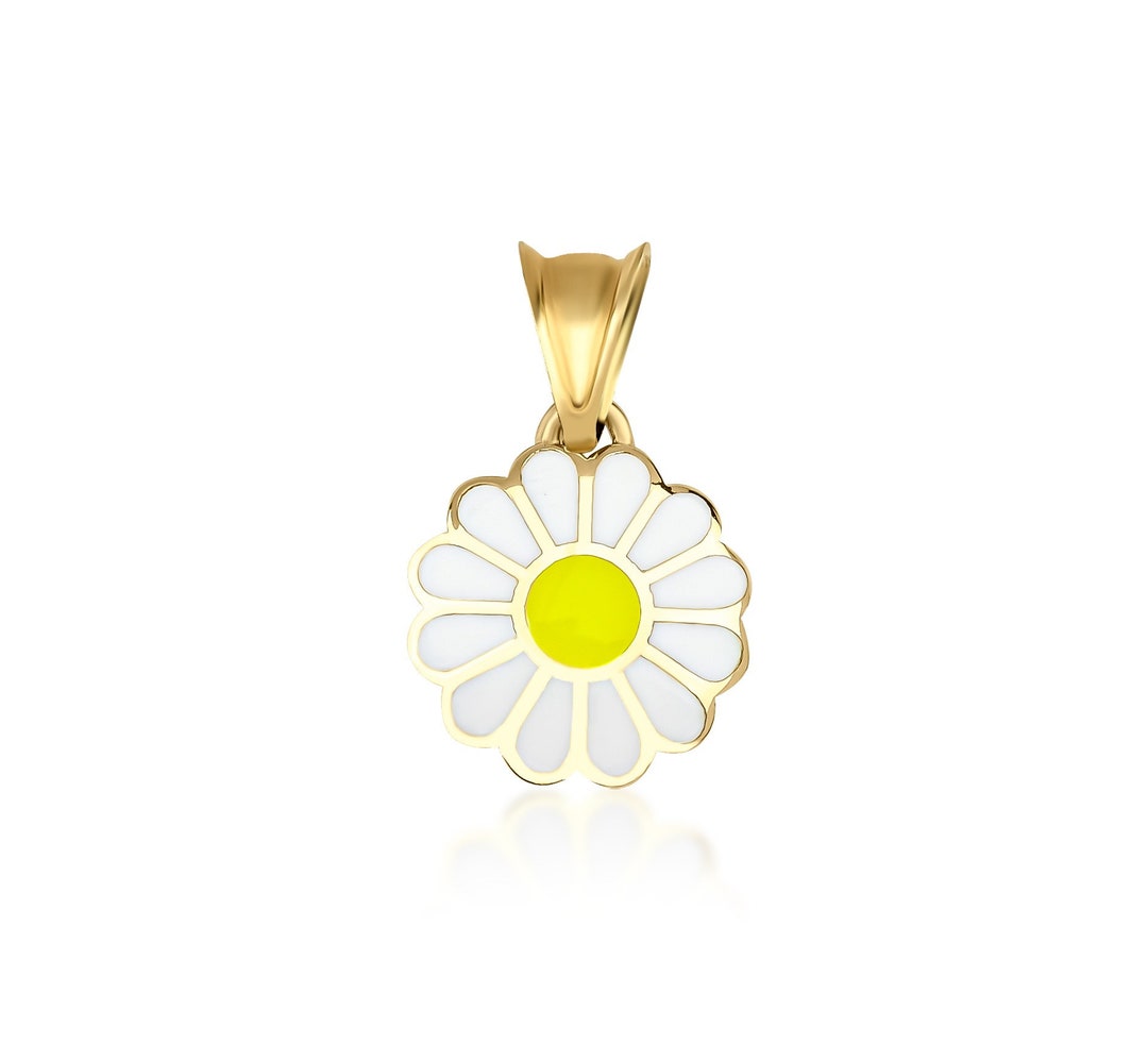 14K Yellow Gold Daisy Flower Necklace, Enamel Daisy Necklace ...