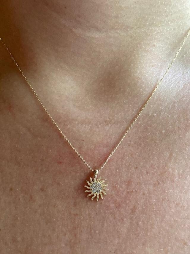 14k Gold Sun Necklace, 14K Solid Yellow Gold Sun Necklace, Diamond CZ ...