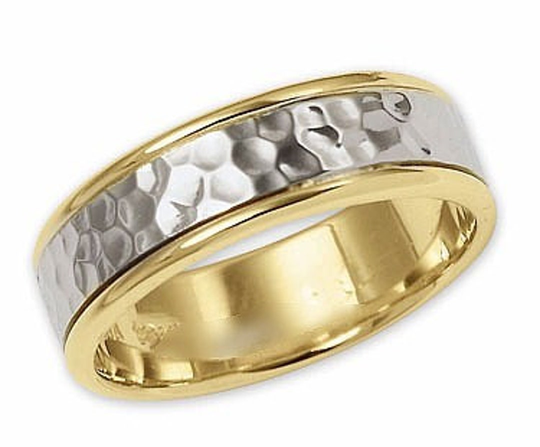 Two Tone Gold Mens Wedding Ring, Hammered Finish Mens Wedding Band, 6mm ...