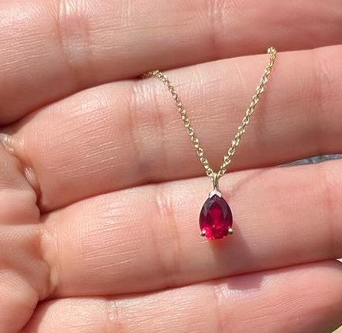 Ruby Solitaire Necklace, 14K Solid Yellow Gold Ruby Necklace, Pear Shape Ruby Necklace, July ...