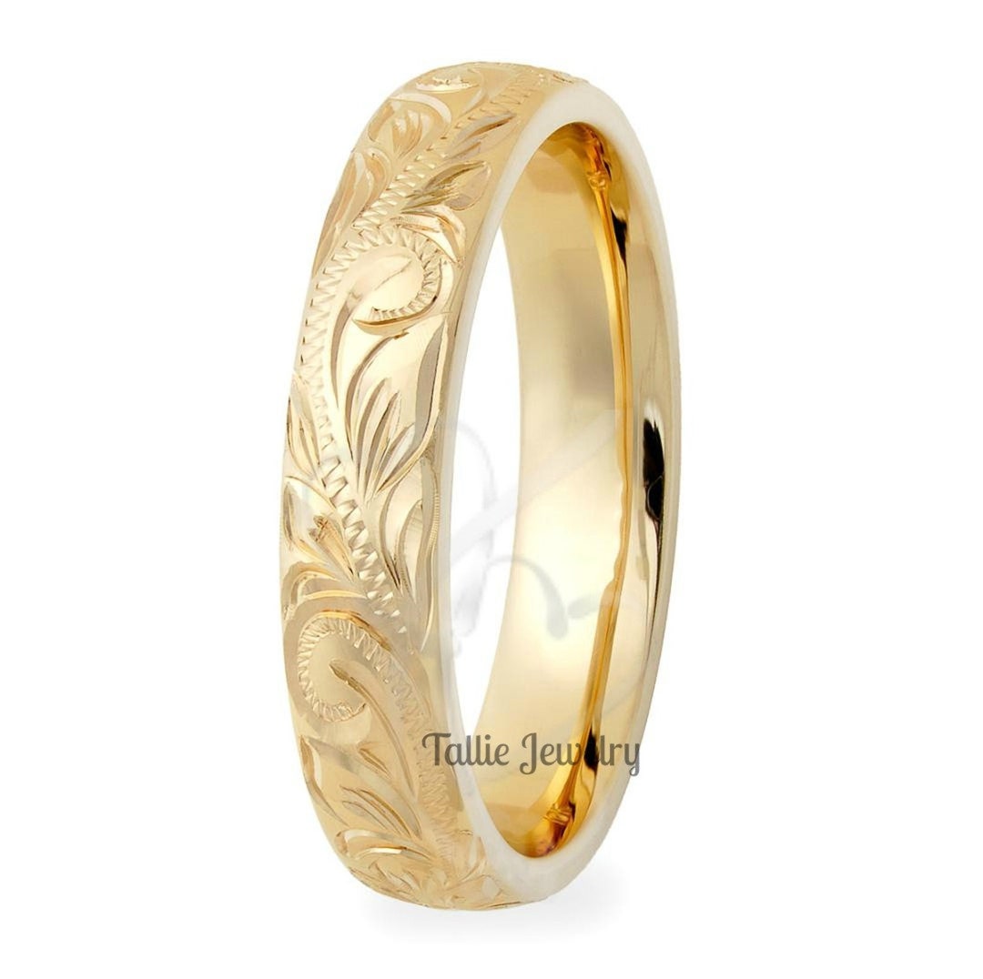 4mm 10K 14K 18K Solid Yellow Gold Hand Engraved Wedding Band ,hand ...