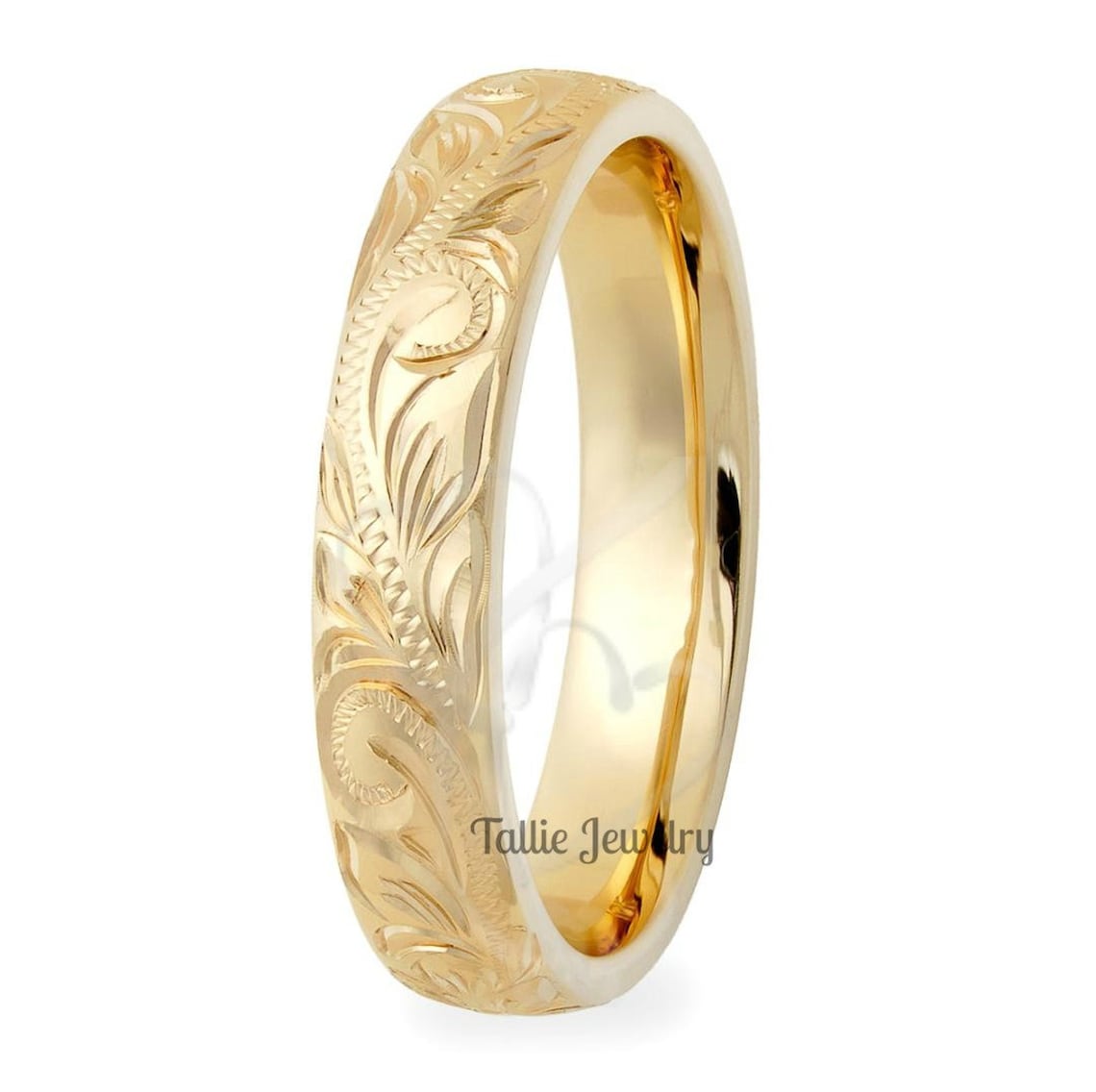 14K Solid Yellow Gold Hand Engraved Wedding Band Mens Womens - Etsy