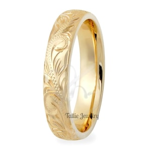 14K Solid Yellow Gold Hand Engraved Wedding Band, Mens Womens Hand ...