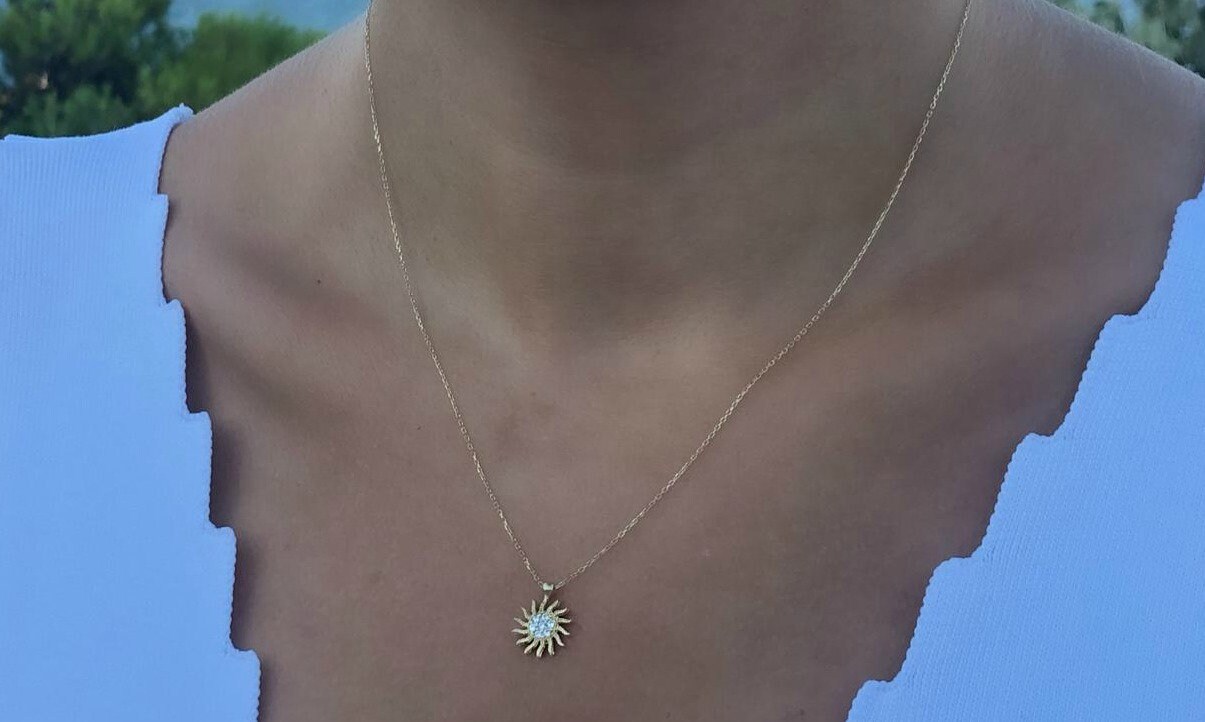 14k Gold Sun Necklace, 14K Solid Yellow Gold Sun Necklace, Diamond CZ ...
