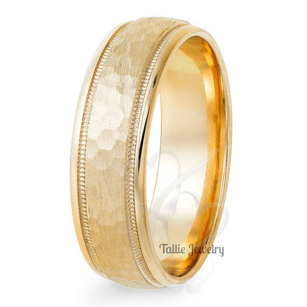 Hammered Finish Mens Wedding Band, Milgrain Mens Wedding Ring, 6mm 10K ...