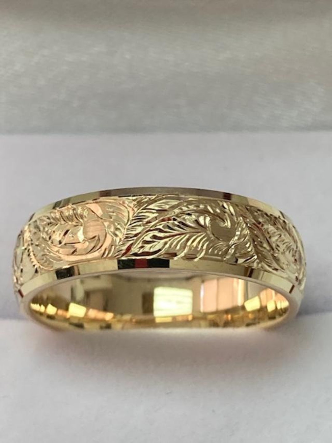 6mm 10K 14K 18K Solid Yellow Gold Hand Engraved Wedding Band, Hand Engraved Mens Wedding Rings ...