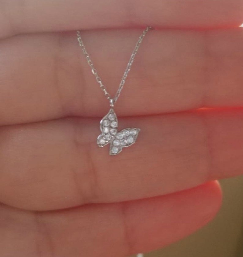 Butterfly Necklace,14k Solid White Gold Butterfly Necklace, Diamond CZ ...