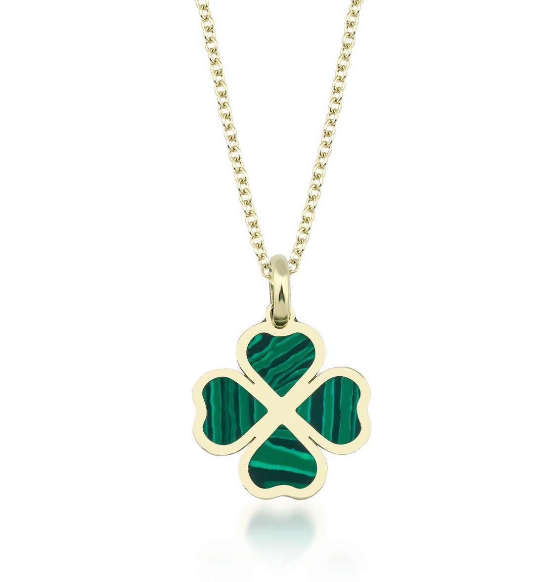 14K Yellow Gold Malachite Four Leaf Clover Necklace, Green Malachite ...