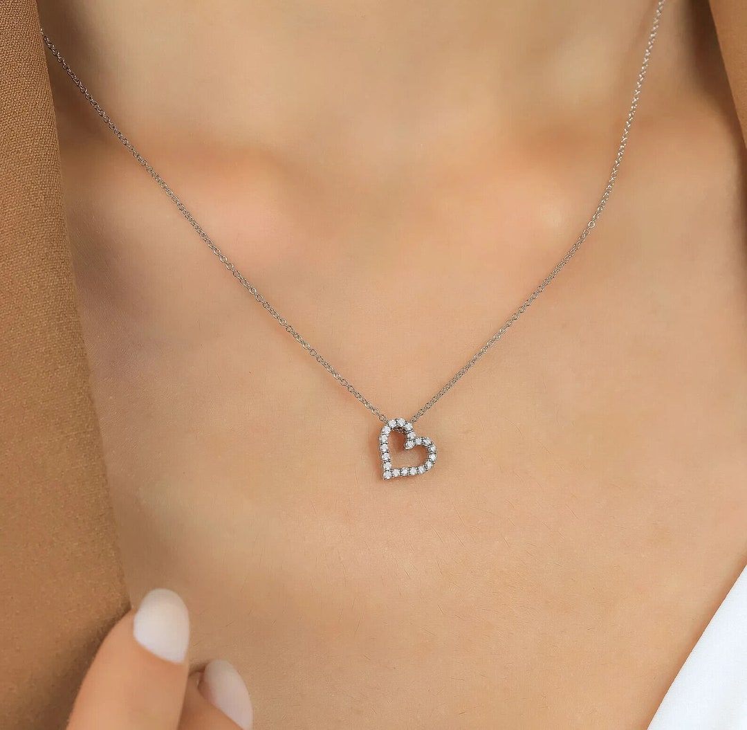 14K Solid White Gold Diamond Heart Necklace, Natural Diamond Open Heart ...