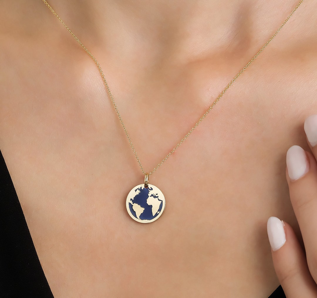 14K Yellow Gold World Map Necklace, Lapis World Map Necklace, Earth ...