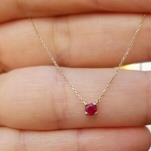 14K Solid Yellow Gold Ruby Necklace, 5mm Prong Setting Round Ruby ...