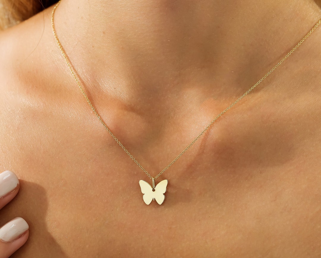 14K Solid Yellow Gold Butterfly Necklace, Minimalist Butterfly Necklace ...