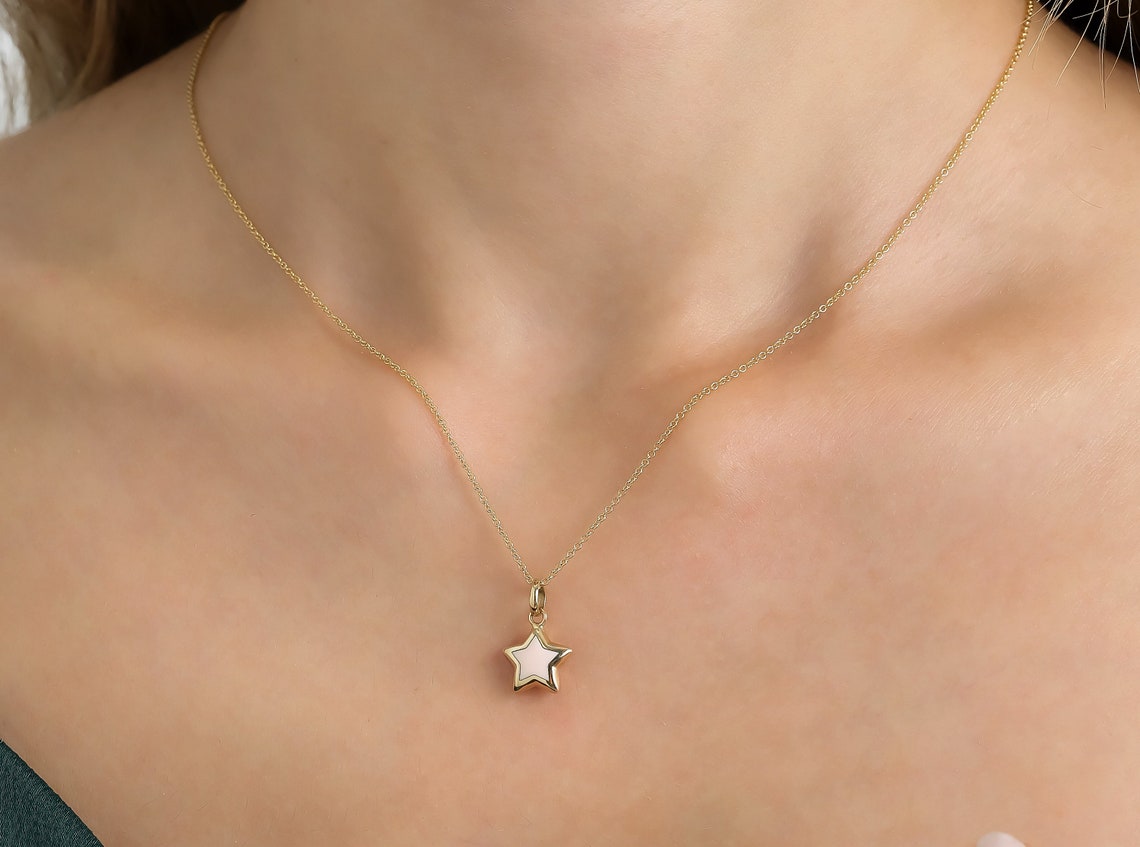 14K Yellow Gold Puffed Star Necklace, Pink Star Necklace, Puffed Star ...