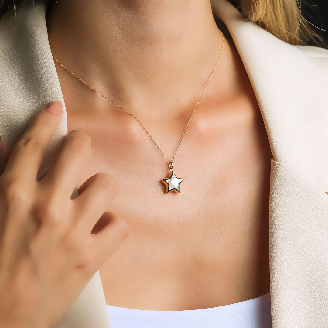 14K Yellow Gold Mother of Pearl Star Necklace, Mother of Pearl Puffed ...