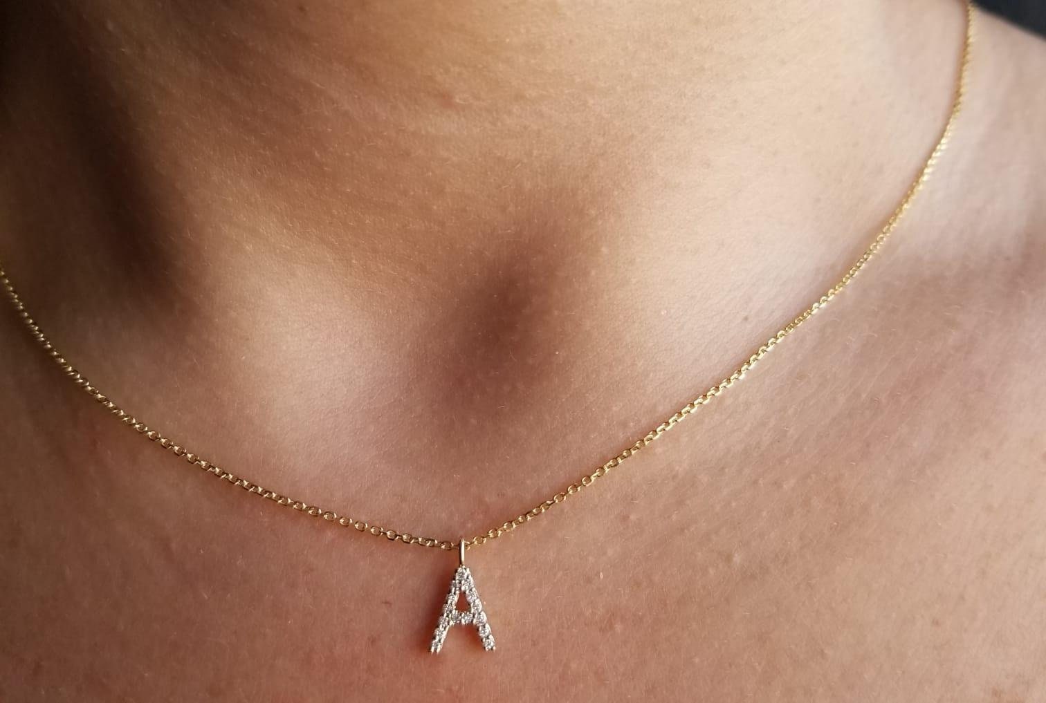 Diamond Initial Necklace / 14k Gold Initial Diamond Necklace / 14K Gold ...