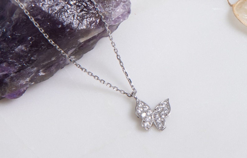 Butterfly Necklace,14k Solid White Gold Butterfly Necklace, Diamond CZ ...